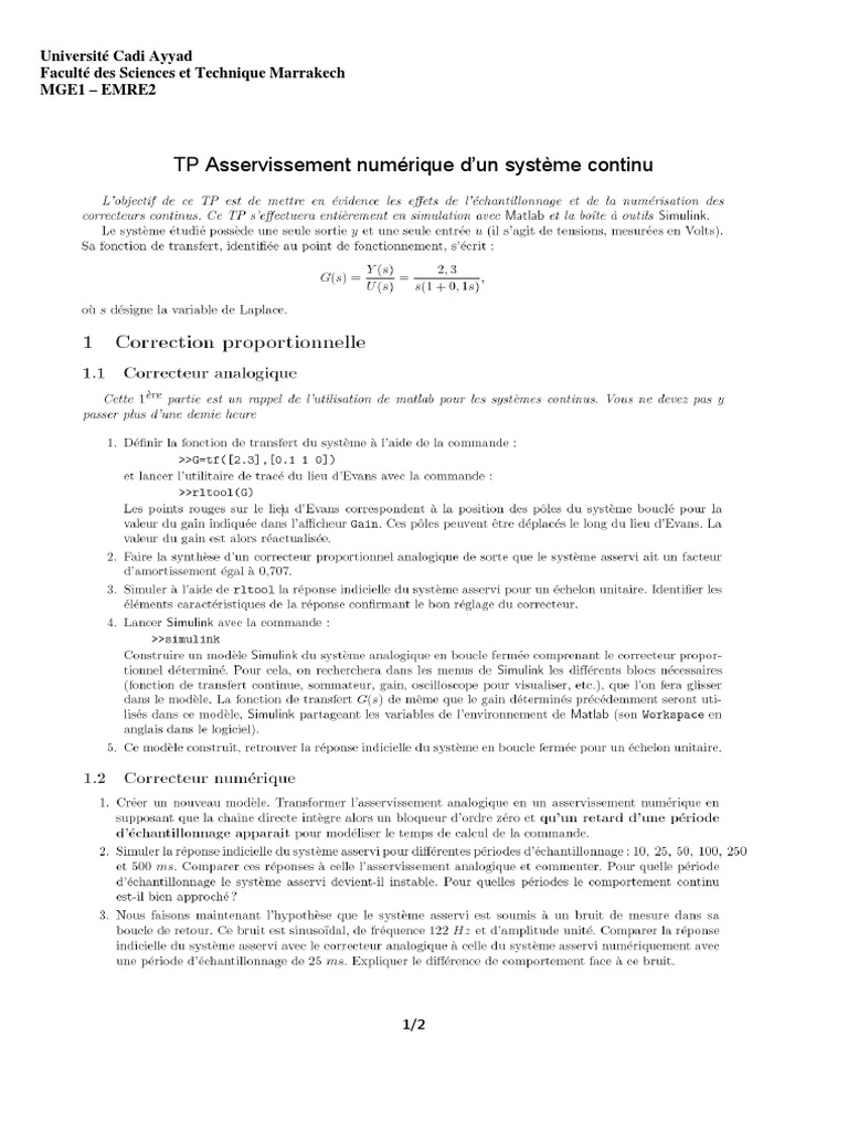 TP Asservissement Numã©rique | PDF