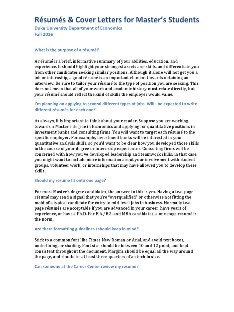 Resume and Cover Letters - Masters | PDF | Résumé