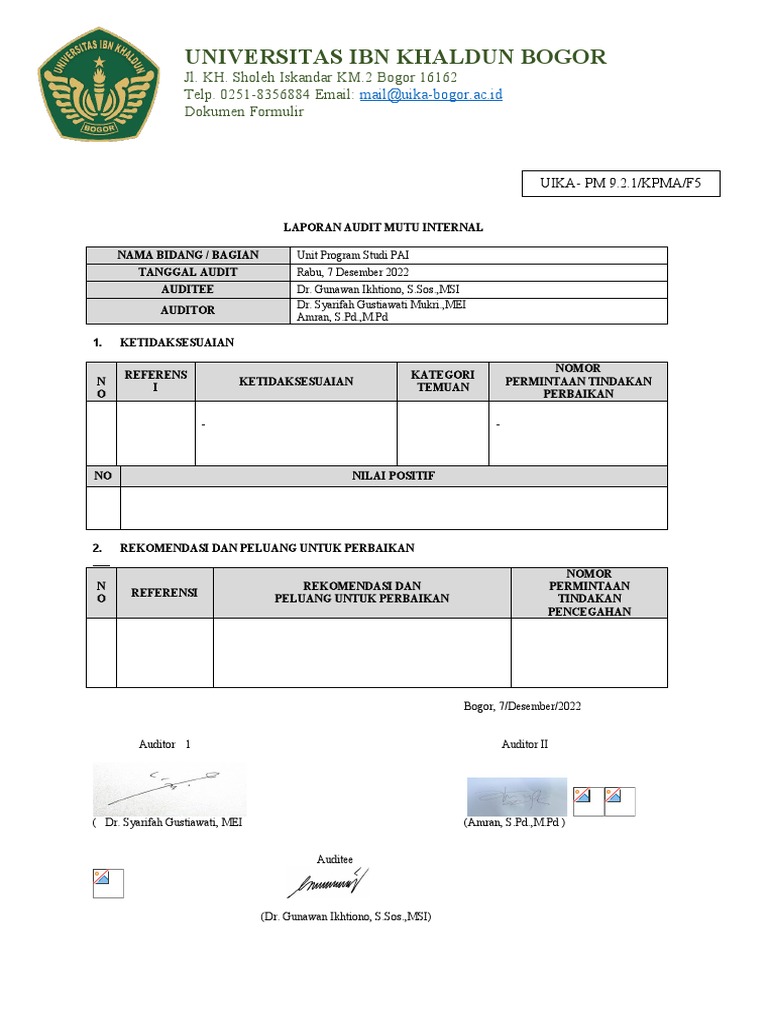 Laporan Audit Mutu PAI UIKA | PDF