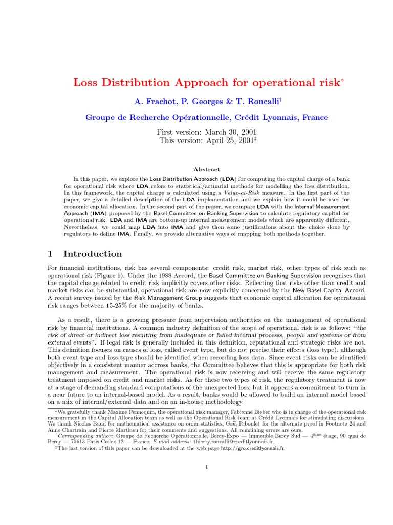 Loss Distribution Approach For Operational Risk | PDF | Operational ...