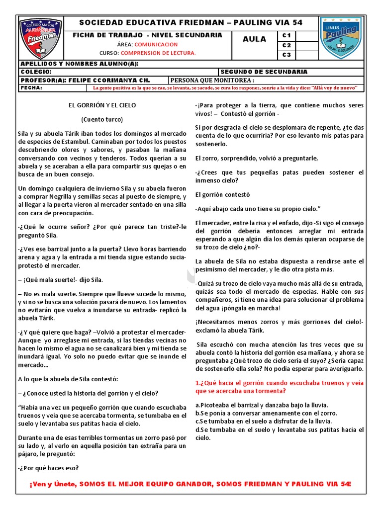 Segundo de Secundaria Comprension de Lectura | PDF