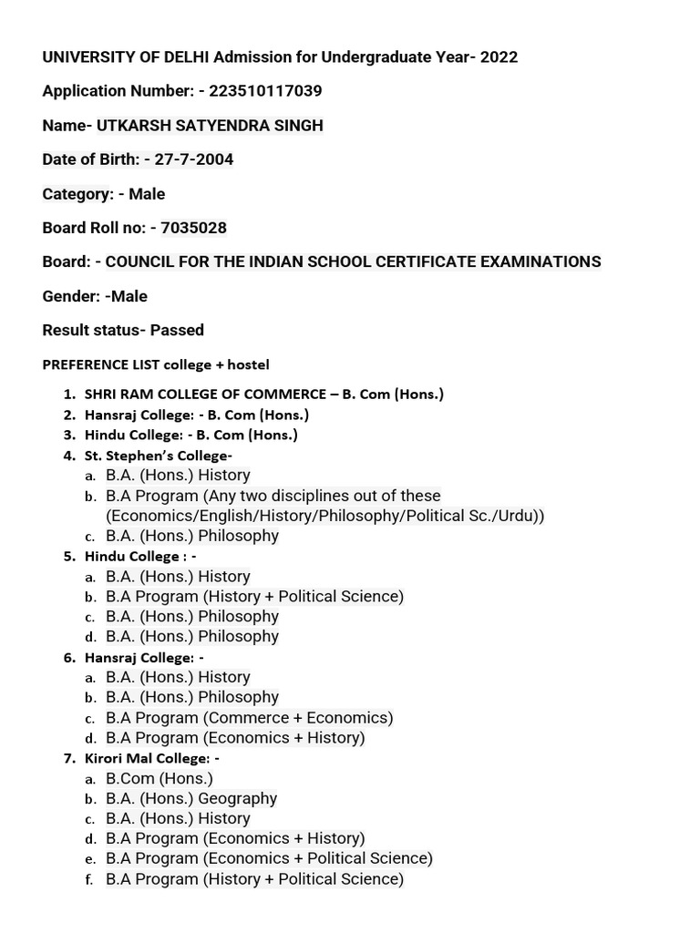 Preference List of Delhi University College Utkarsh | PDF