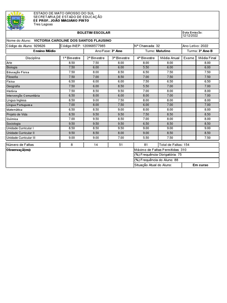 Boletim Escolar: Ee Prof. João Magiano Pinto | PDF | Ensino médio