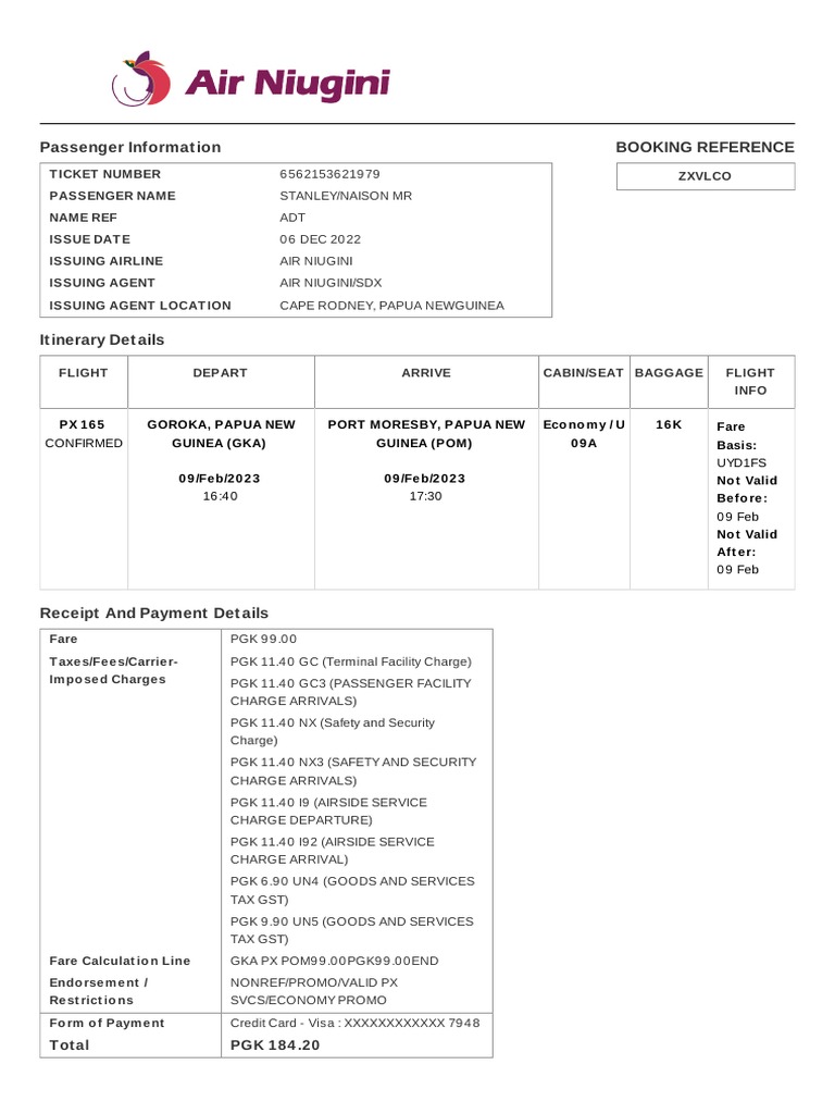 Electronic Ticket Receipt, February 09 For MR NAISON STANLEY | PDF ...