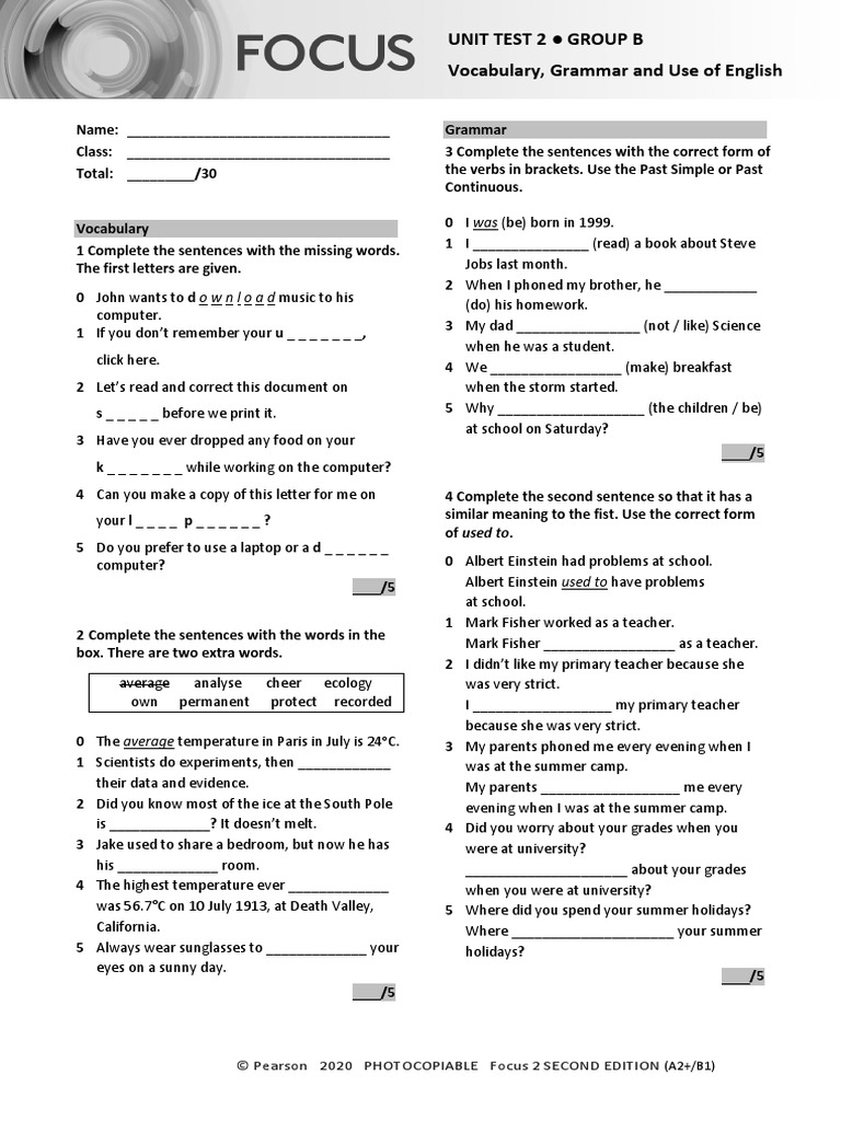 Focus2 2E Unit Test Vocabulary Grammar UoE Unit2 GroupB | PDF ...