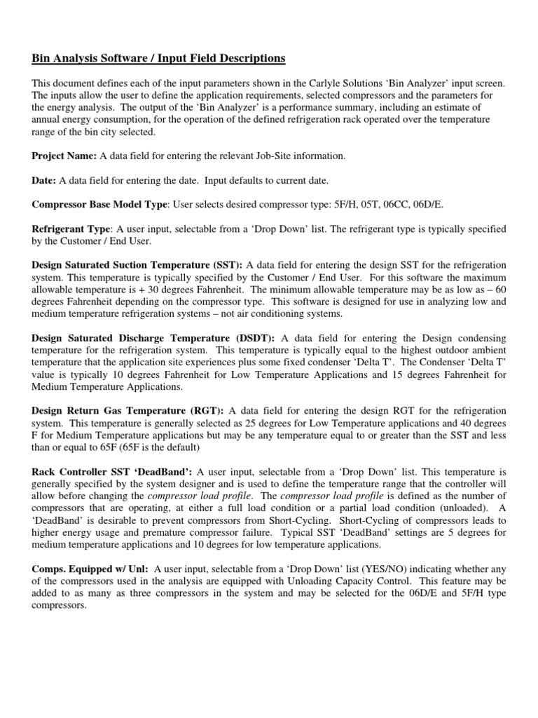 Bin Analysis Software / Input Field Descriptions | PDF | Gas Compressor ...
