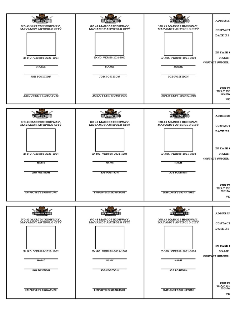 Employee Identification Cards for Vermont 888 Restaurant | PDF ...