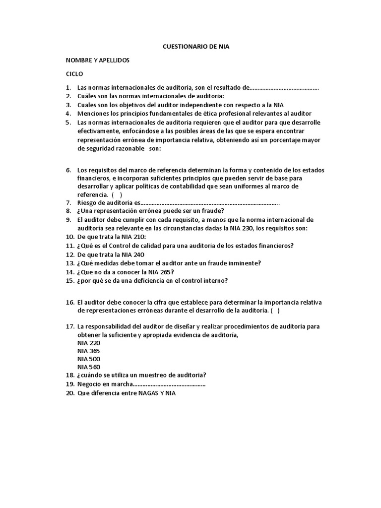 Cuestionario de Nia | PDF