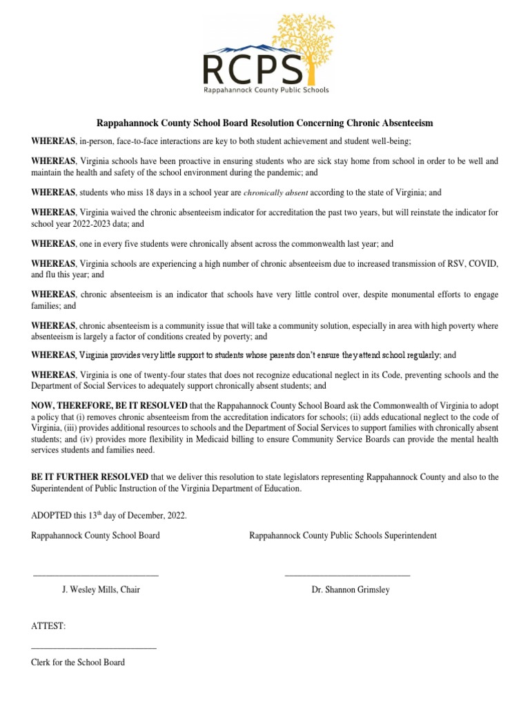 RCPS Chronic Absenteeism Resolution | PDF | Child Protective Services ...