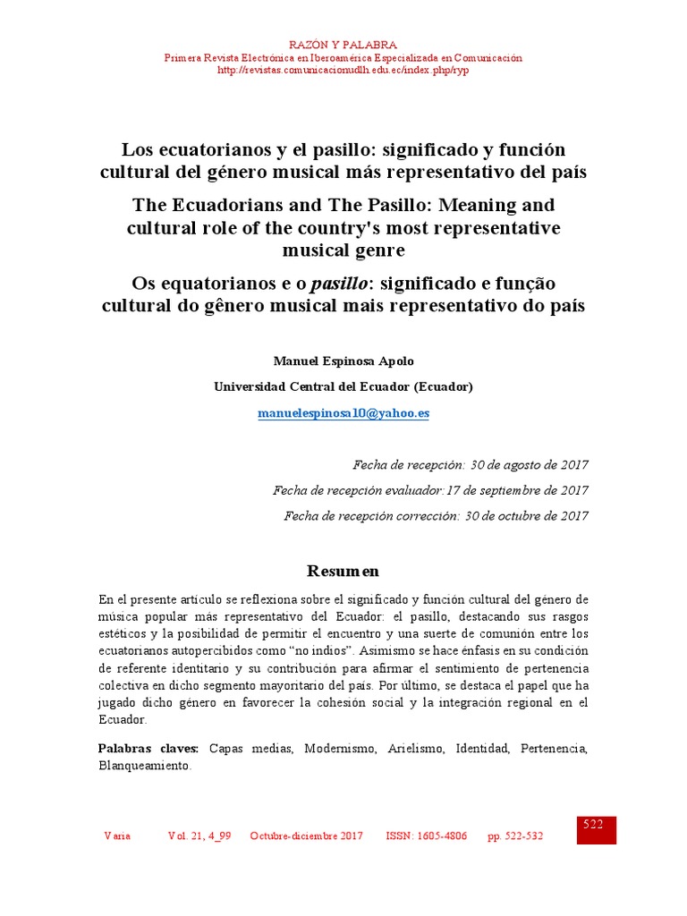 Los Ecuatorianos y El Pasillo Significado y Función Cultural Del Género ...
