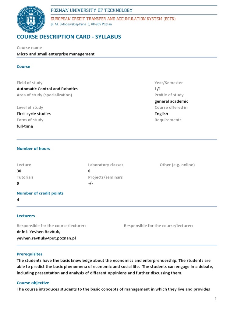 ECTS - Micro and Small Enterprise Management | PDF | Economics | Lecture
