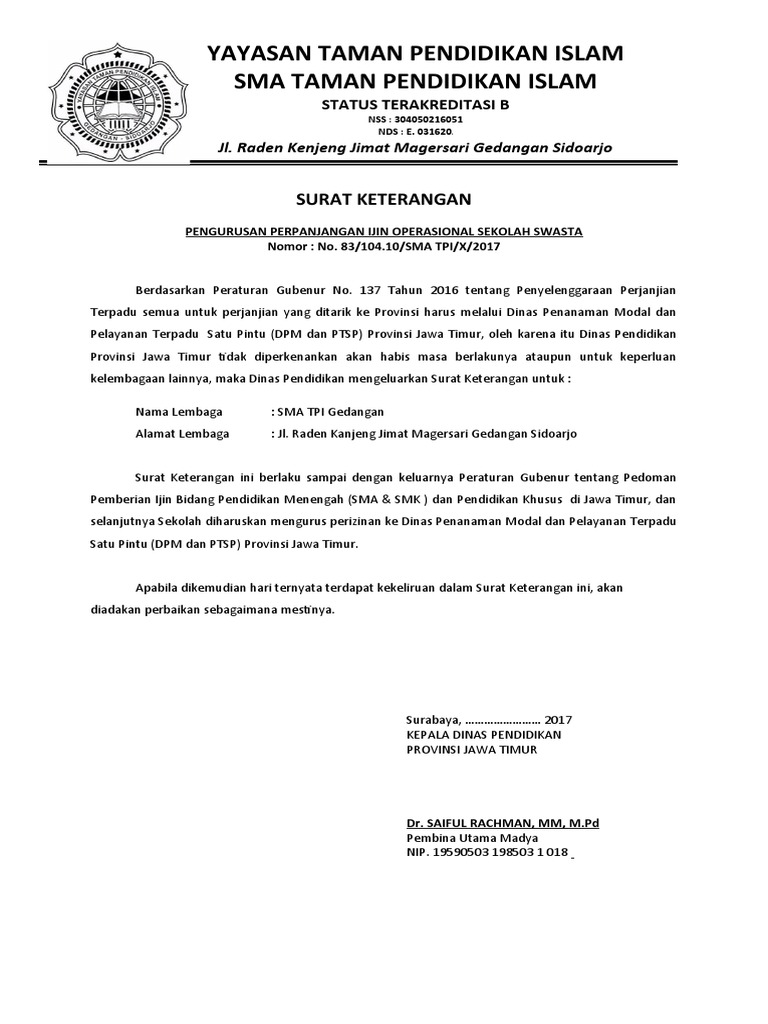 Surat Permohonan Perpanjangan Ijin Operasional | PDF