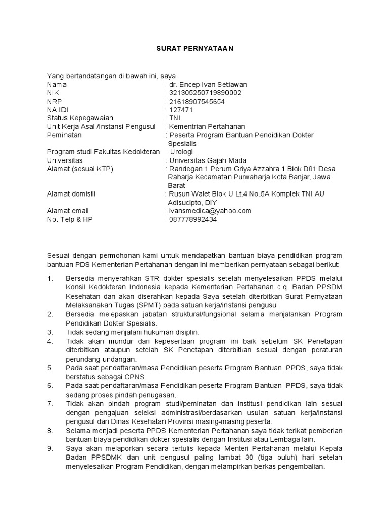 Surat Pernyataan Patubel Alih Kemkes Encep | PDF