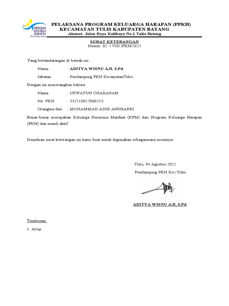 Surat Keterangan KPM PKH | PDF