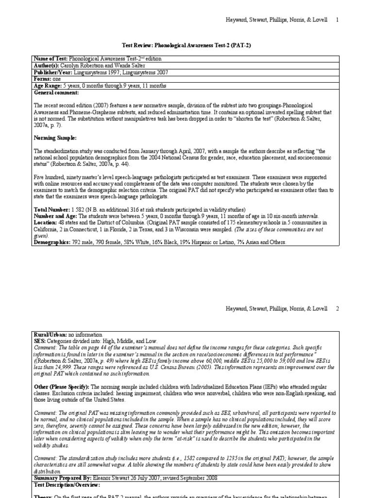 Phonological Awareness Test-2 (PAT-2) | PDF | Validity (Statistics ...
