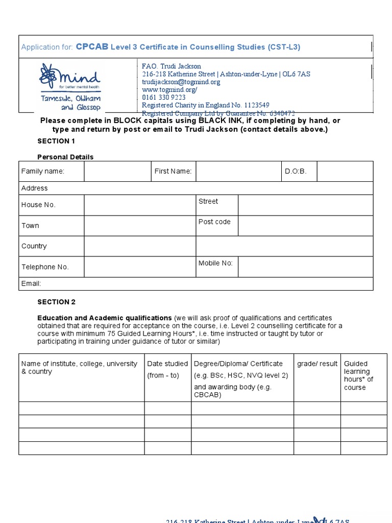 Cpcab Level3 Application April 2021 Onwards Pdf Mind Mental Health