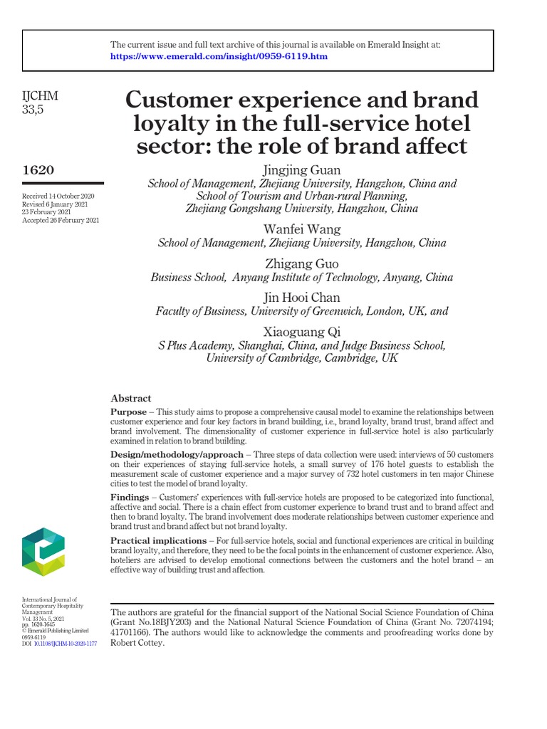 Guan 2021 Customer Experience and Brand Loyalty in The Full-Service Hotel Sector | PDF | Factor ...