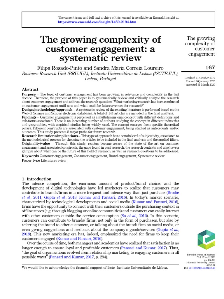 Rosado-Pinto 2020 The Growing Complexity of Customer Engagement - A Systematic Review | PDF ...