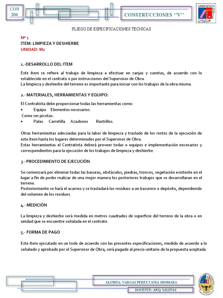 Especificaciones técnicas para la limpieza del terreno, excavaciones y construcción de ...
