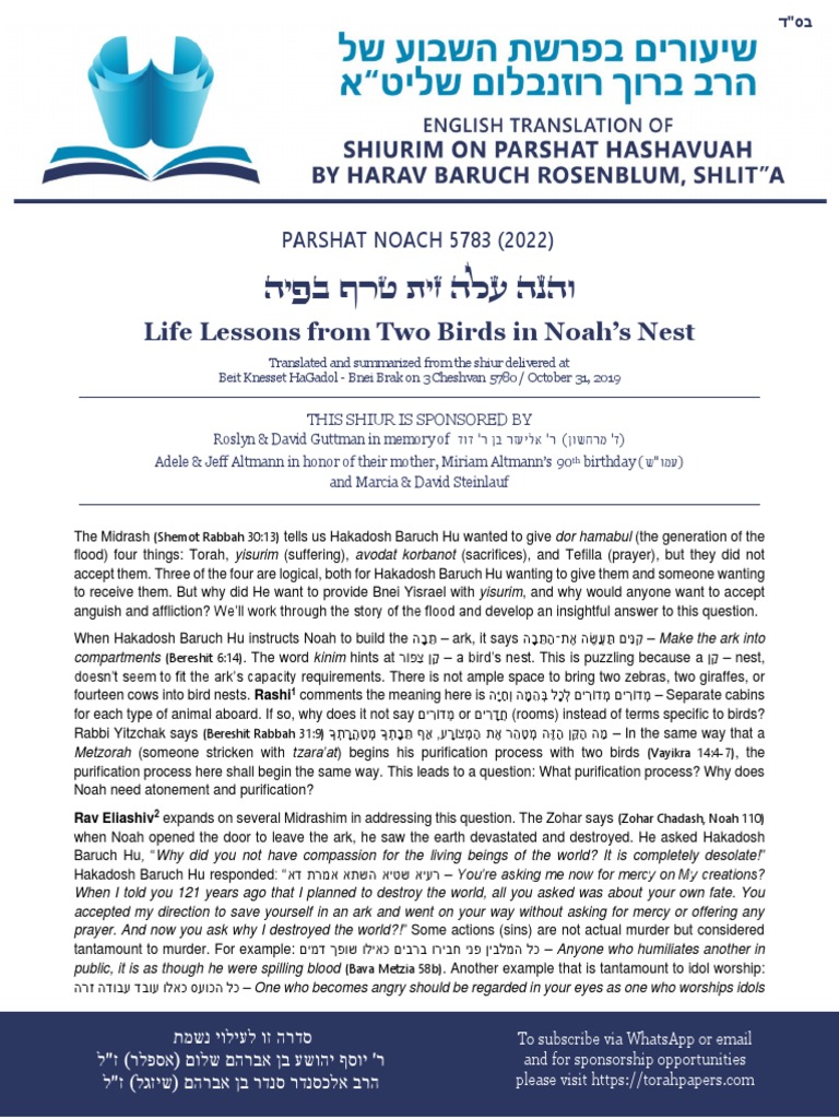 Rav Baruch Rosenblum - Noach 5780 - 5783 | PDF | Noah's Ark | Noah