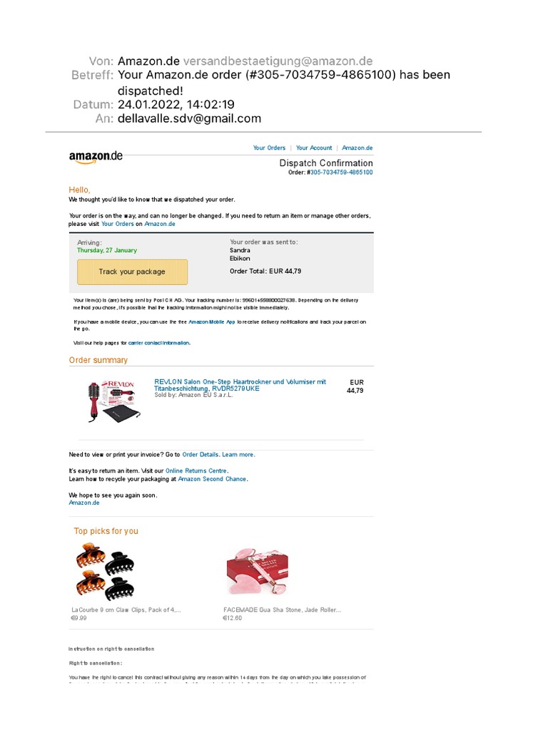 Your Amazon - de Order (#305-7034759-4865100) Has Been Dispatched ...