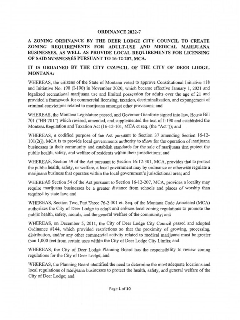 Marijuana Zoning Ordinance For Deer Lodge | PDF