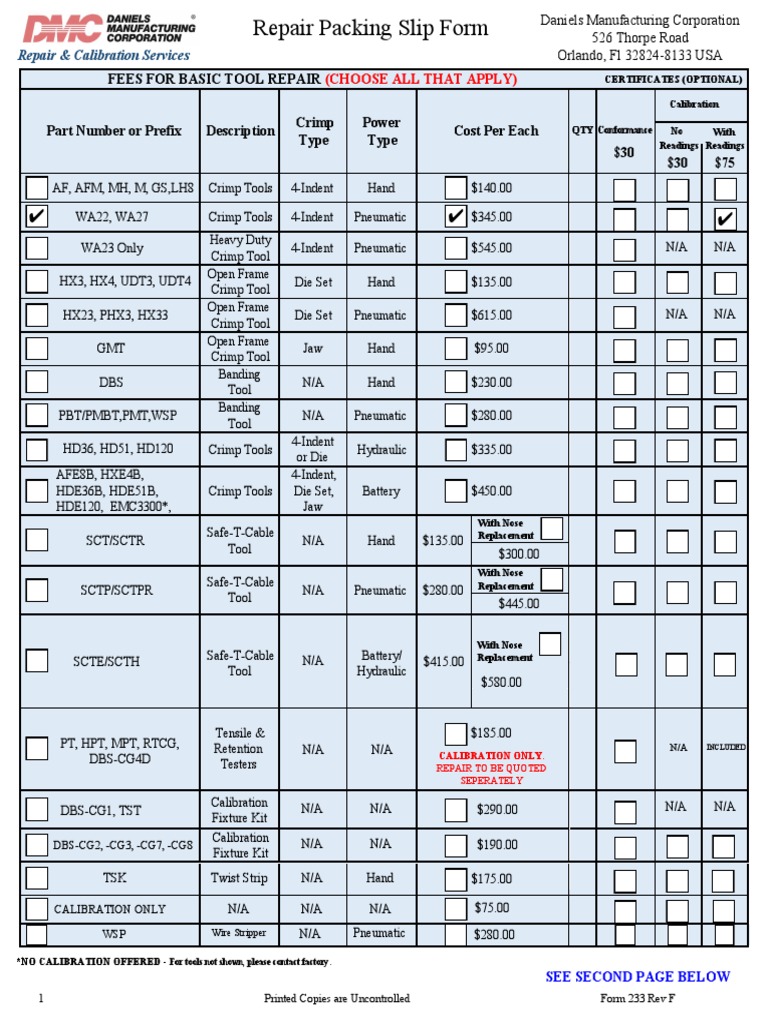 Repair PKG Slip Wa27f Serie1003409 | PDF | Manufactured Goods