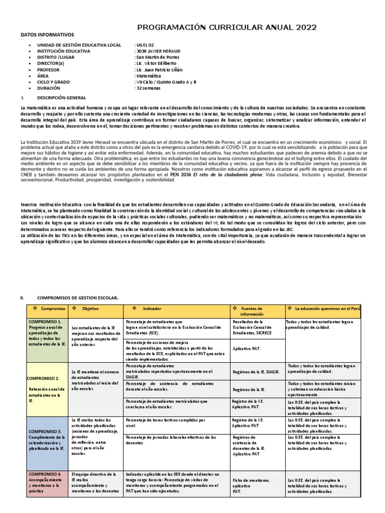 Programación Curricular Anual Ie.3039 Javier Heraud Ok. | PDF ...