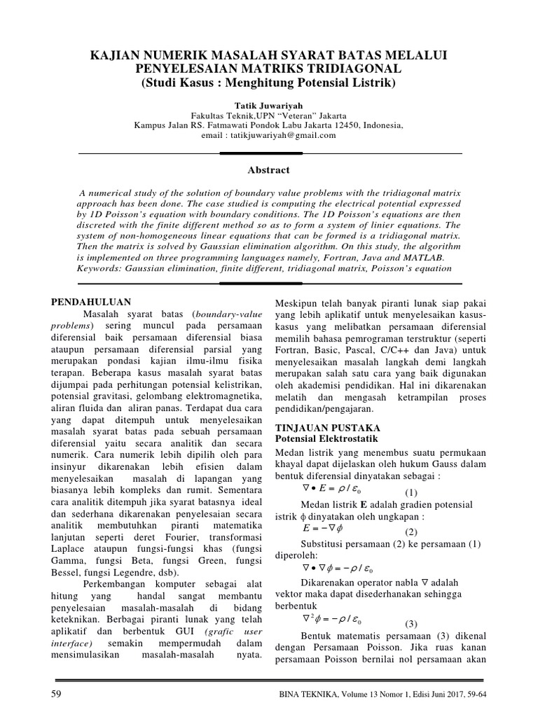 Kajian Numerik Masalah Syarat Batas Melalui Penyelesaian Matriks ...