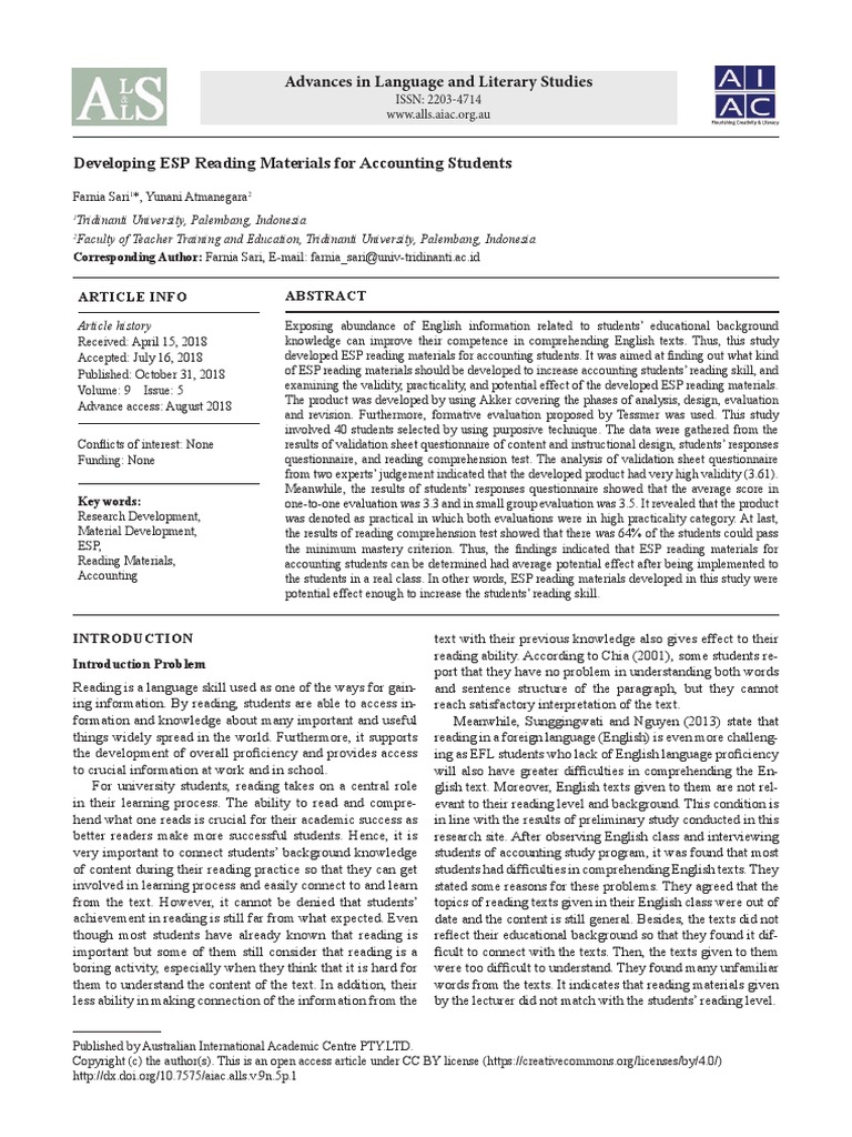 Developing ESP Reading Materials For Accounting ST | PDF | Reading ...