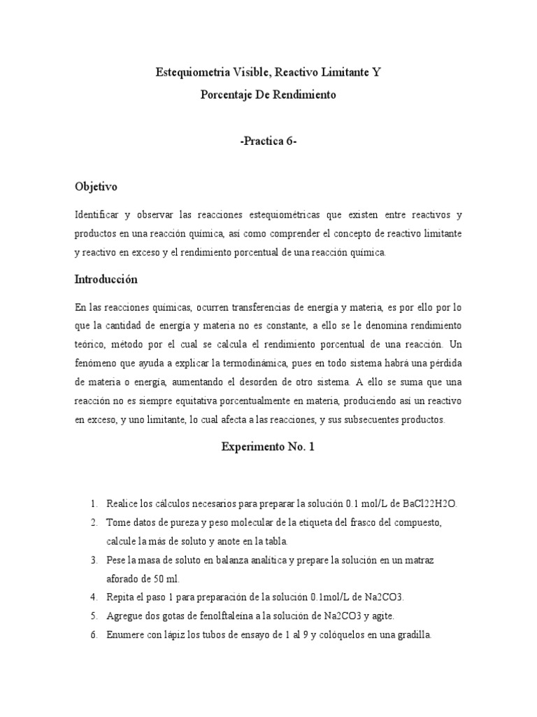 Reporte 6 - Reactivo Limitante & Porcentaje de Rendimiento | PDF | Reacciones químicas ...