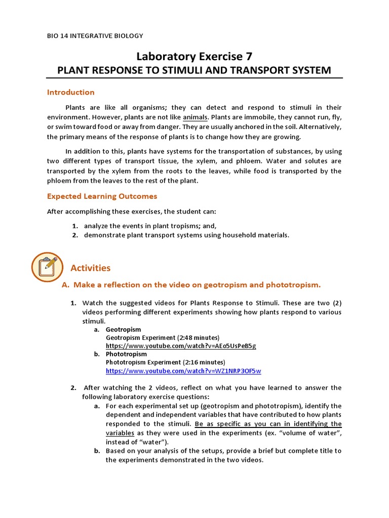 Bio 14 LAB Exercise 7 Plant Responses To Stimuli and Transport System ...