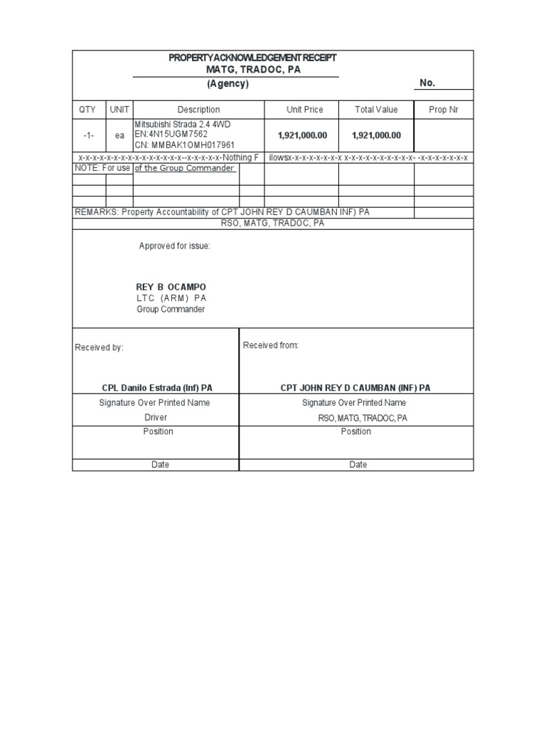 Property Acknowledgement Receipt Matg, Tradoc, Pa No. (Agency) | PDF