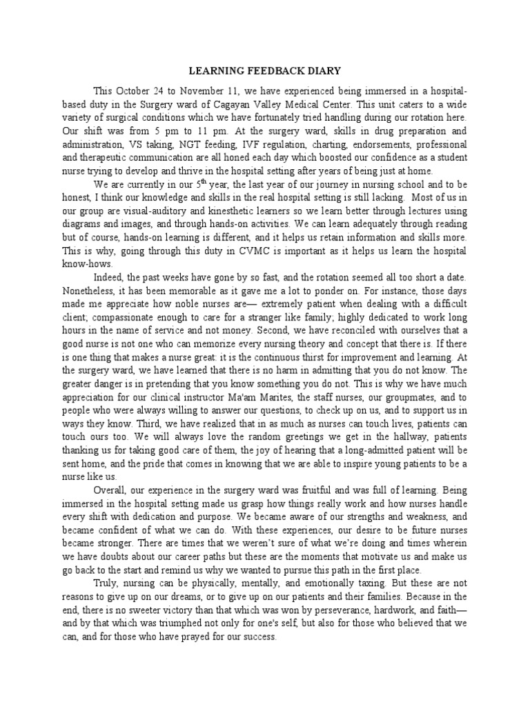 Learning Feedback Diary | PDF | Nursing | Surgery