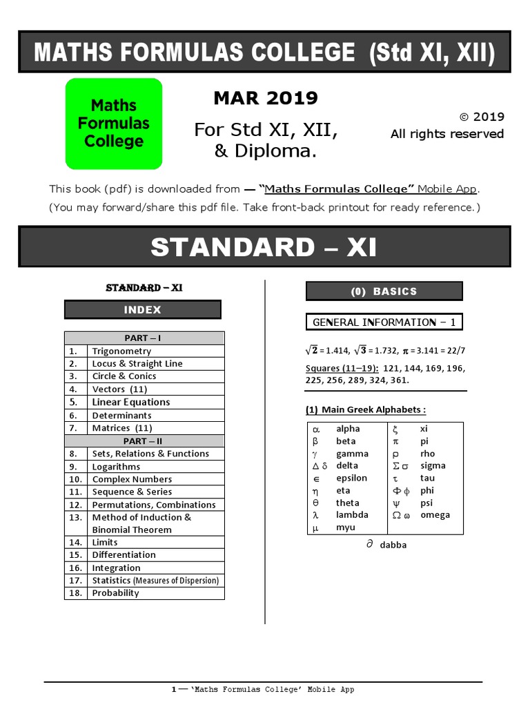Maths Formulas College (11,12 STD) | PDF | Ellipse | Line (Geometry)
