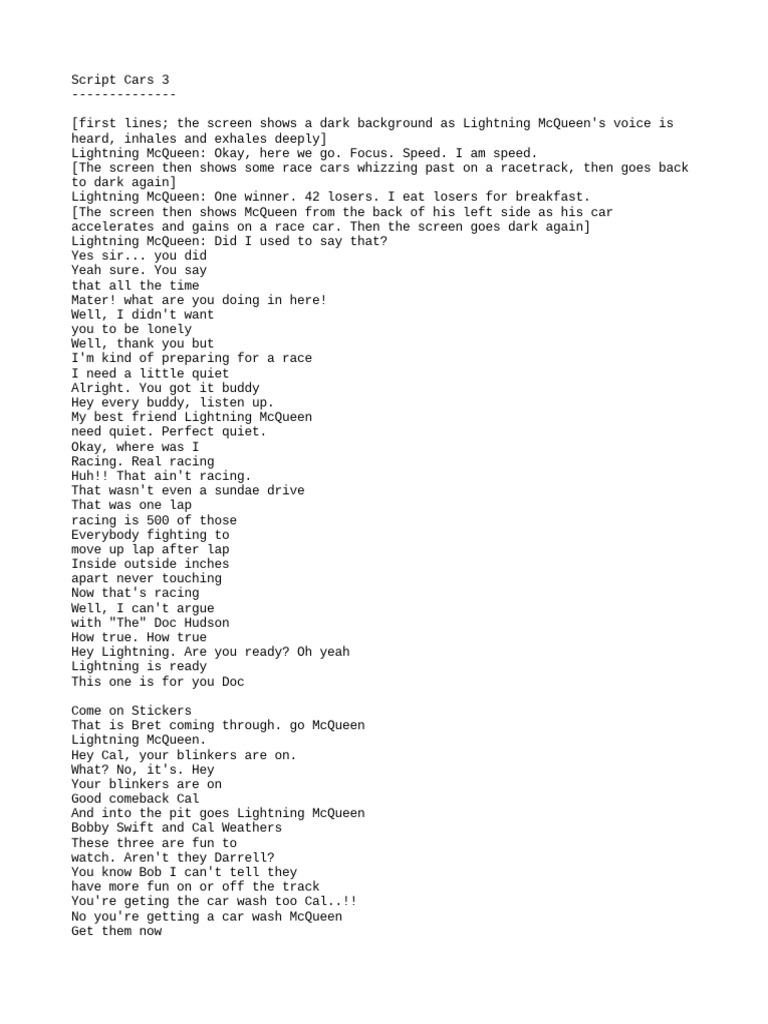 Cars 3, Movie Script (English Version) | PDF | Motor Vehicle