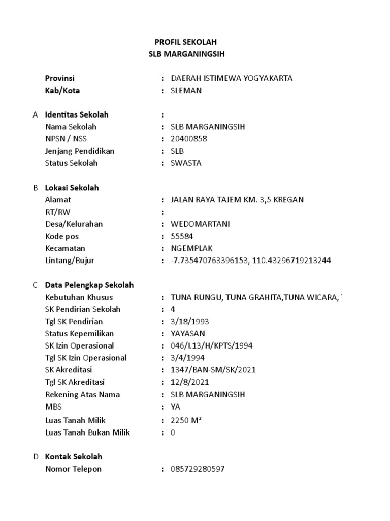 Profil SLB Marganingsih Yogyakarta | PDF