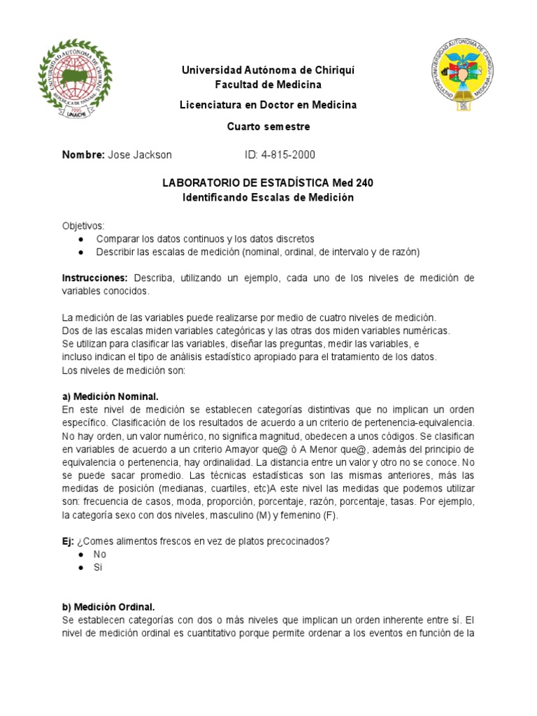 Lab 1. Identificación de Escalas de Medición | PDF | Nivel de medida ...