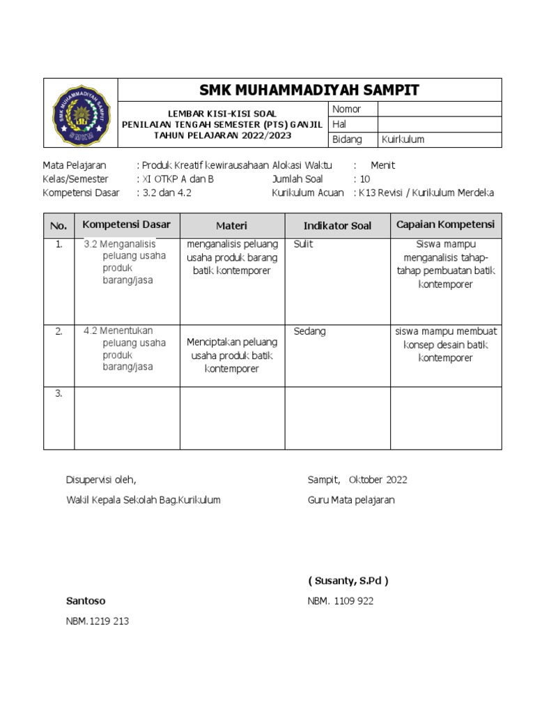 2022 - 2023 - Lembar Kisi-Kisi - Lembar Soal PTS Ganjil | PDF | Seni