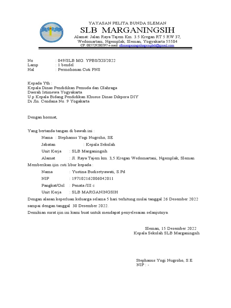 Surat Ijin Cuti Bu Yus | PDF