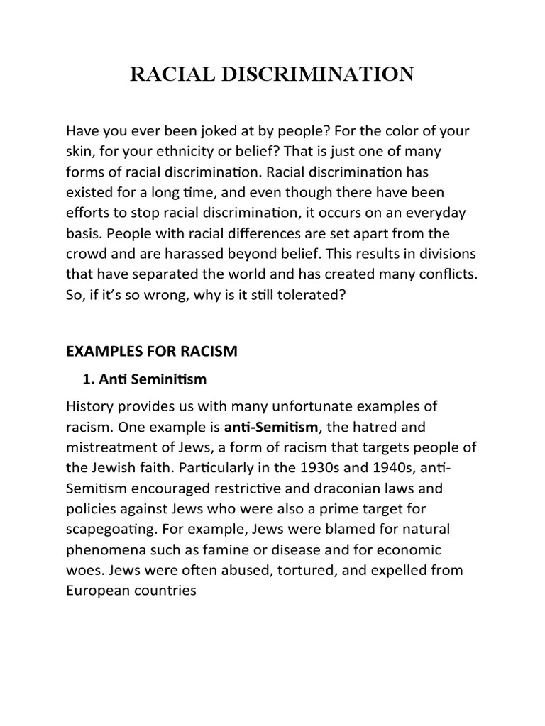 Racial Discrimination: Examples For Racism | PDF | Discrimination ...