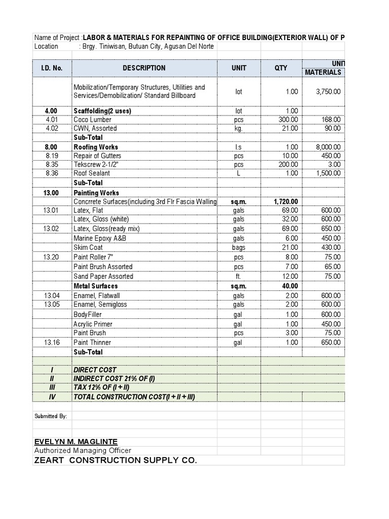 I.D. No. Description Unit QTY Unit Cost Materials: Zeart Construction ...