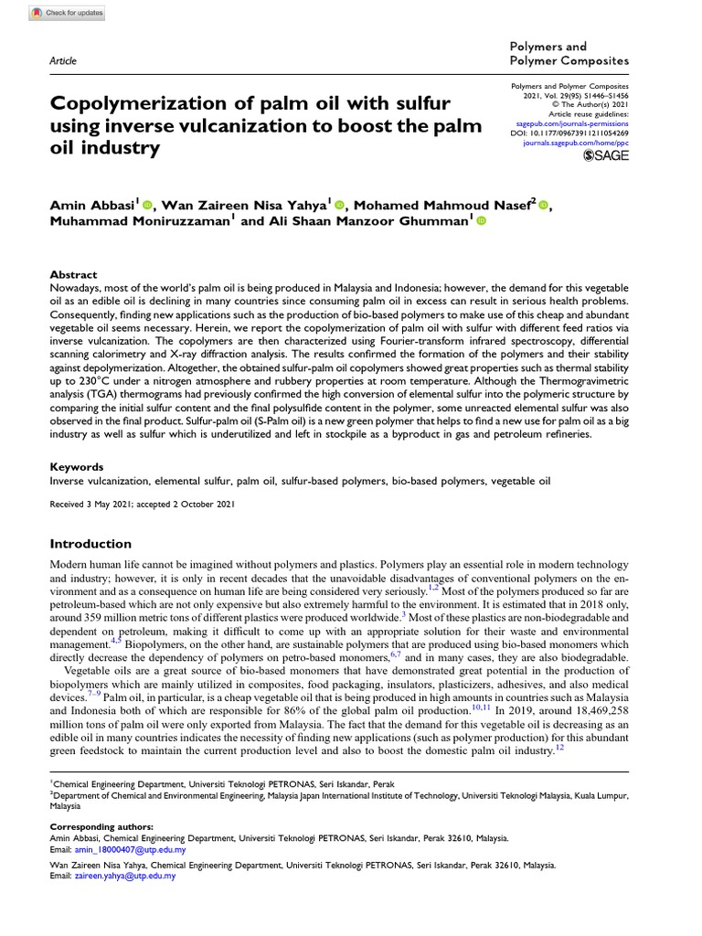 Copolymerization of Palm Oil With Sulfur Using Inverse Vulcanization To ...