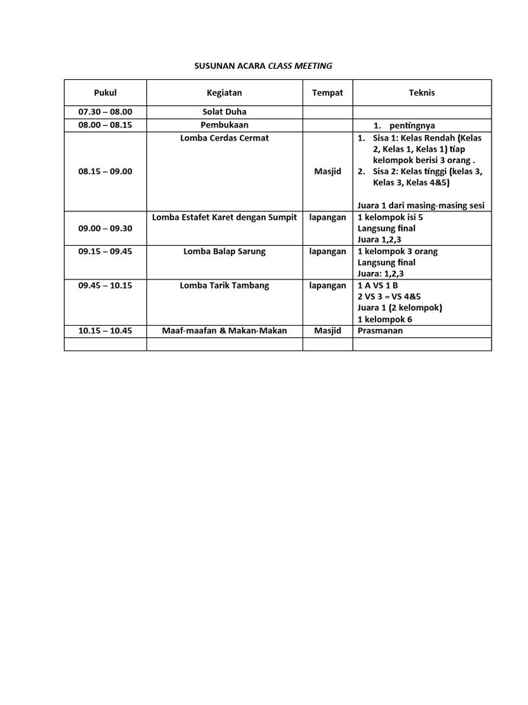 Susunan Acara Class Meeting | PDF