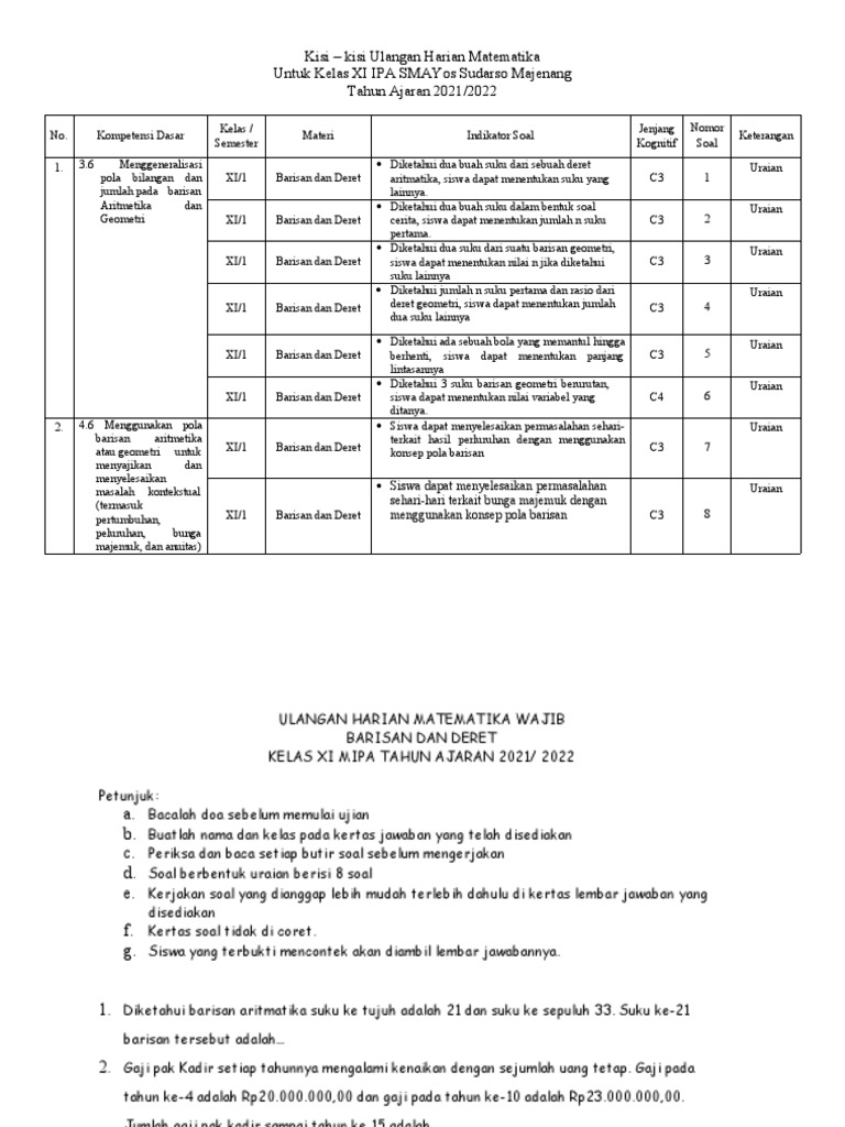 Kisi Kisi Dan Soal Matematika Wajib Kelas Xi | PDF