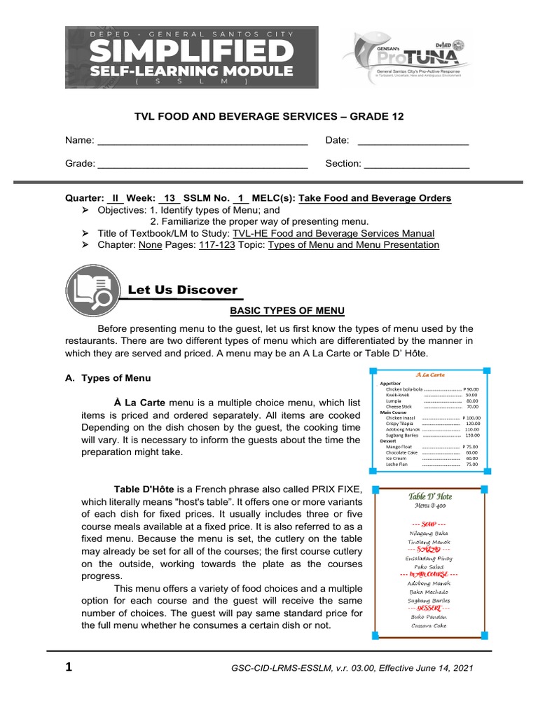 SSLM Q2 TVL HE FBS Week 13 | PDF | Menu | Lunch