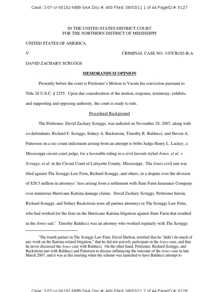 Judge Neal Biggers Denies Zach Scruggs 2255 Motion To Set Aside Guilty ...