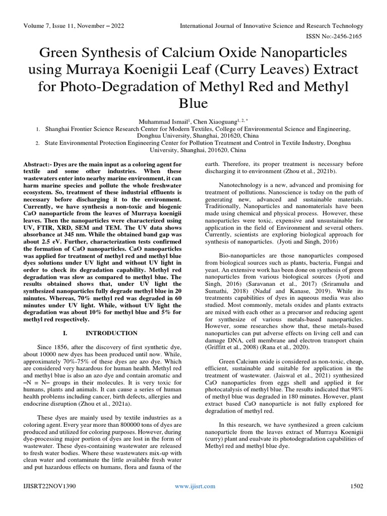 Green Synthesis of Calcium Oxide Nanoparticles Using Murraya Koenigii Leaf (Curry Leaves ...
