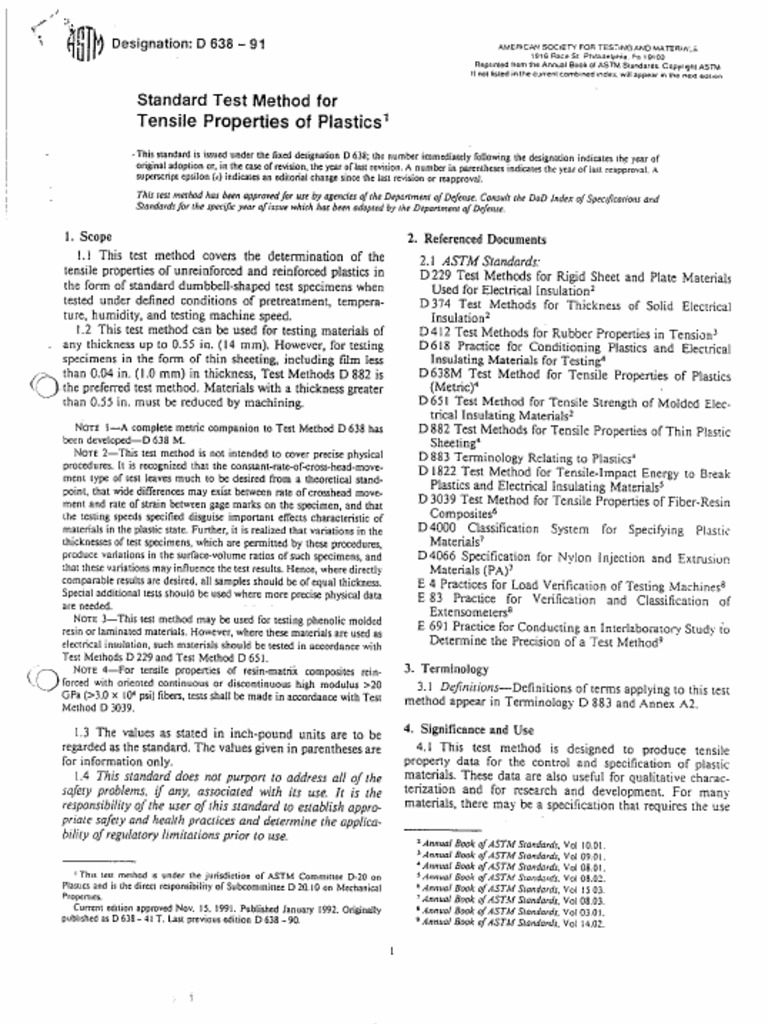 ASTM D638 - 91 Tensile Properties Plastic | PDF