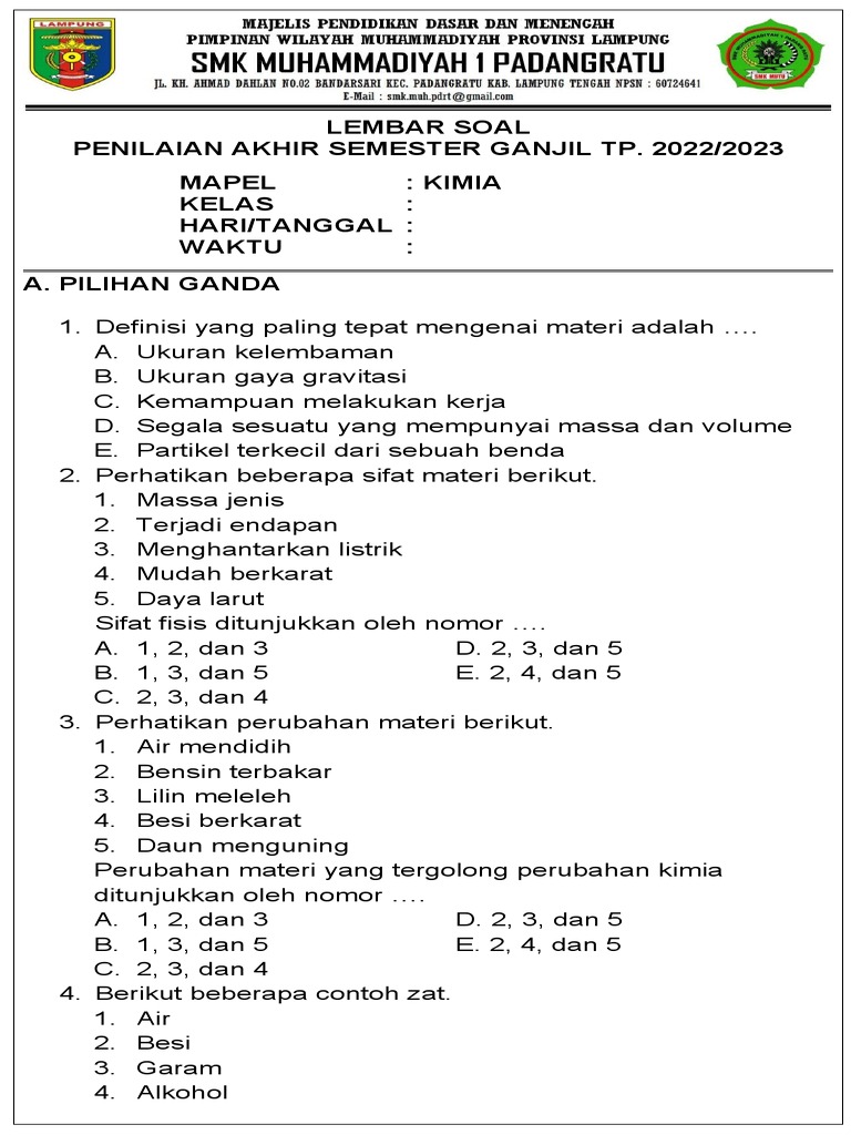 Soal UAS Kimia Kelas 12 Ganjil 2022/2023 | PDF